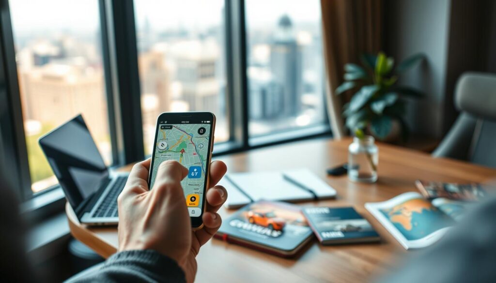 A vibrant scene depicting a modern, tech-savvy user selecting the ideal GPS navigation app on a ...