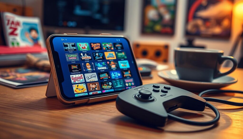 A retro-themed smartphone displaying a vibrant selection of classic ...