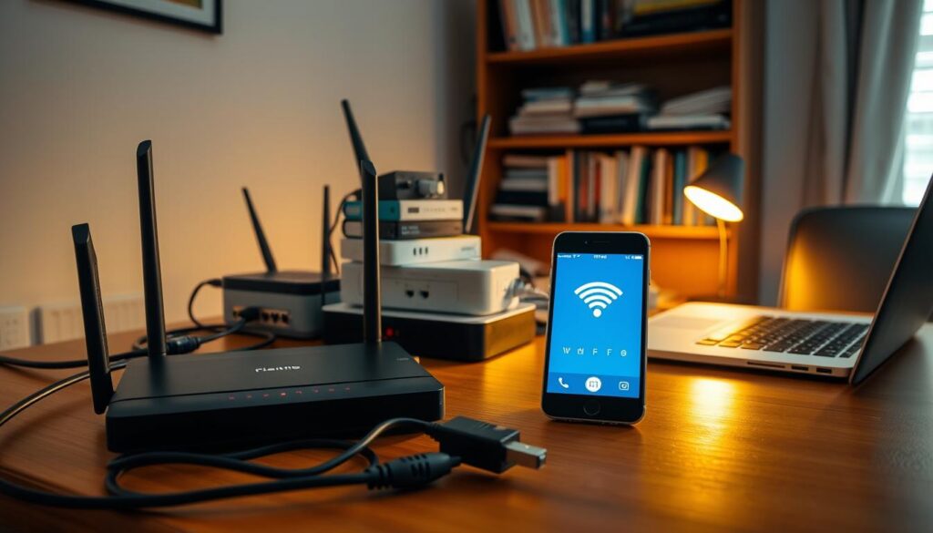 A modern workspace scene illustrating alternatives to free Wi-Fi ...